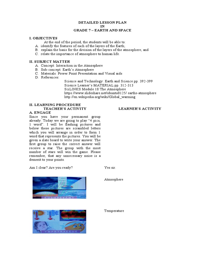 Detailed Lesson Plan IN Grade 7 - Earth and Space I. Objectives | PDF ...