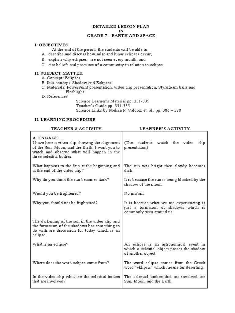Detailed Lesson Plan IN Grade 7 - Earth and Space I. Objectives | Download Free PDF | Eclipse ...