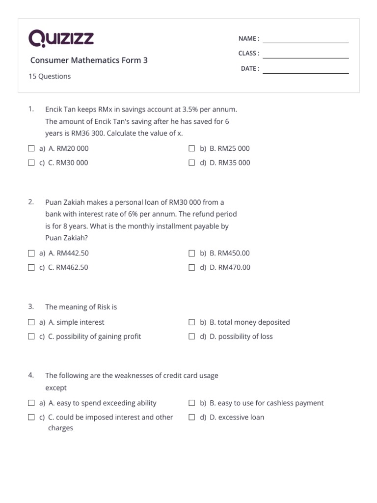Consumer Mathematics Form 3 - Print - Quizizz | PDF | Interest | Credit