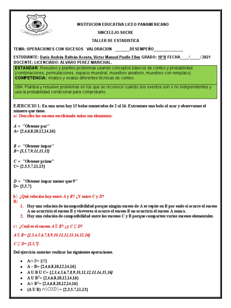 Taller de Estadística: Sucesos y Probabilidad | PDF | Probabilidades y estadísticas | Método ...