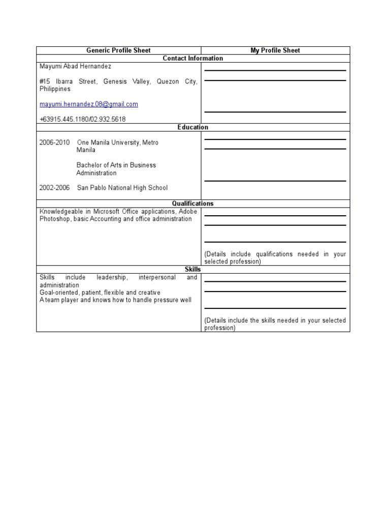 Sample Profile Sheet | PDF