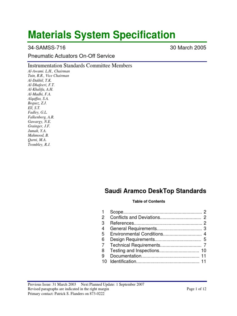 Materials System Specification | PDF | Valve | Actuator