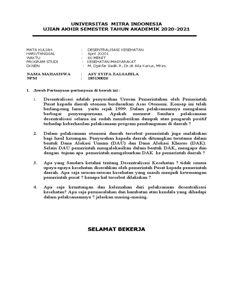 Asy Syifa Zalsabila 185130026, Soal Uts Desentralisasi Kes-2021 | PDF | Ilmu Sosial