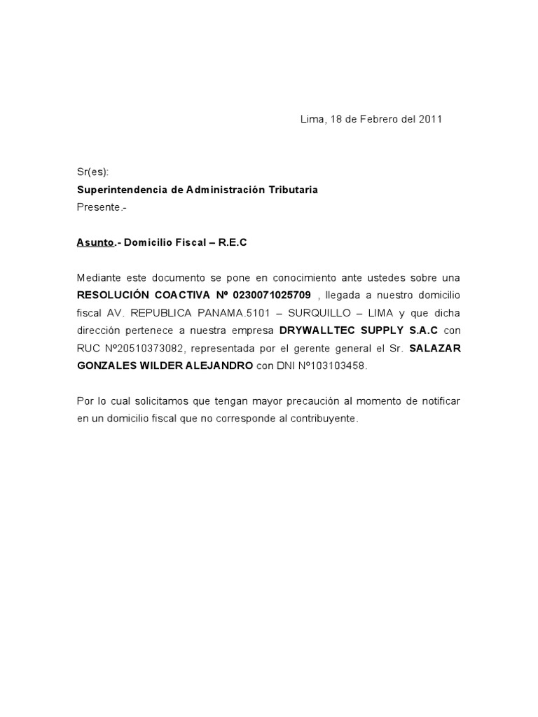 Carta - Domicilio Fiscal | PDF