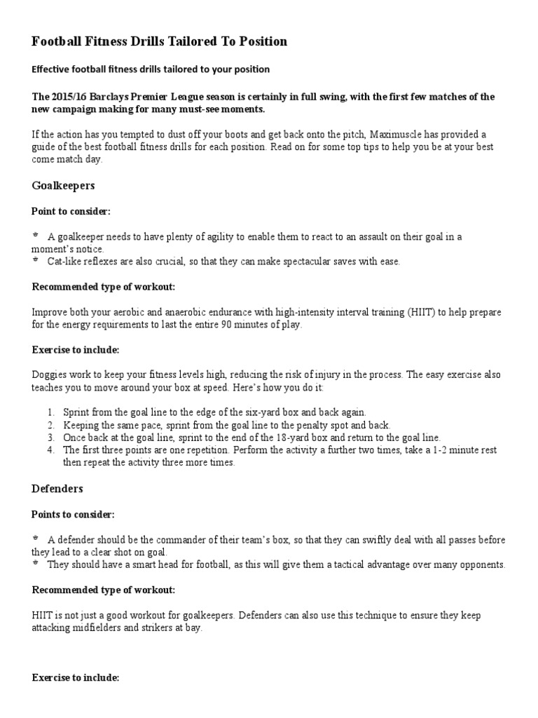 Football Fitness Drills Tailored To Position | PDF | High Intensity ...