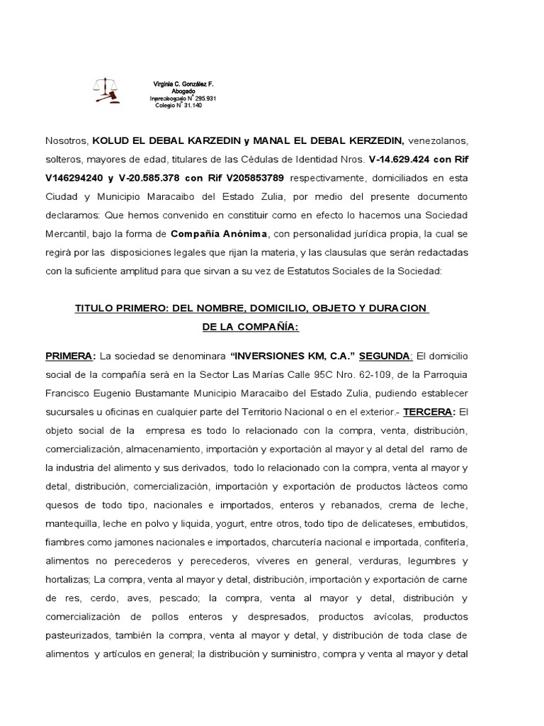 Acta Const Inversiones KM | PDF | Alimentos | Compartir (Finanzas)
