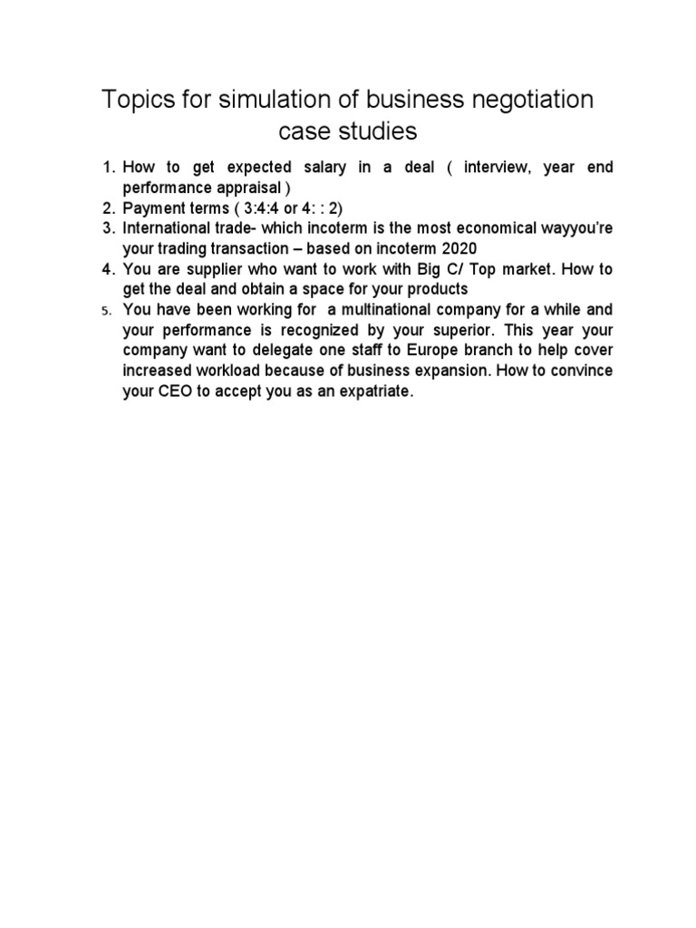 Business Negotiation Simulation Topics | PDF