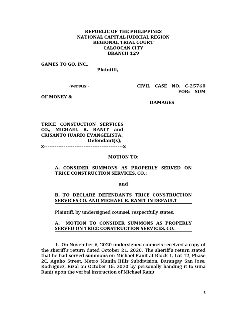 Motion To Declare in Default | PDF | Summons | Lawsuit