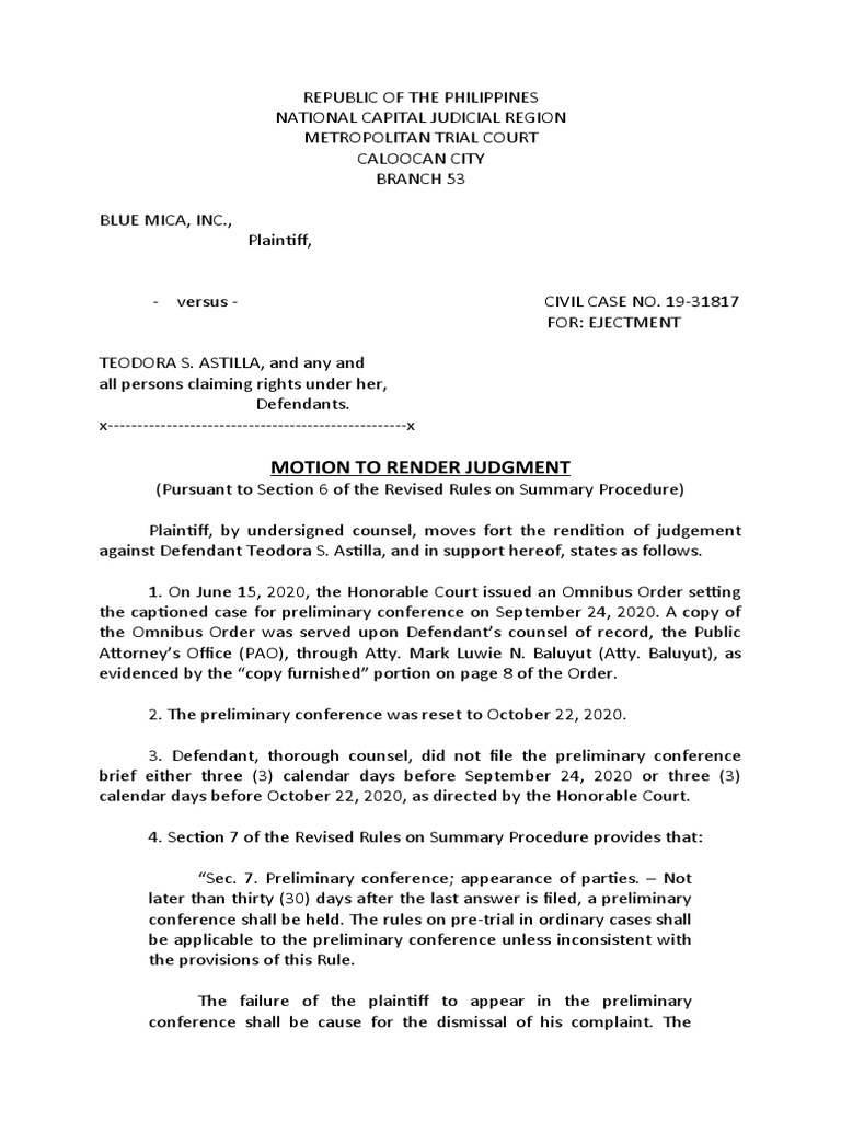 Motion To Render Judgment - Teodora Astilla | PDF | Lease | Complaint