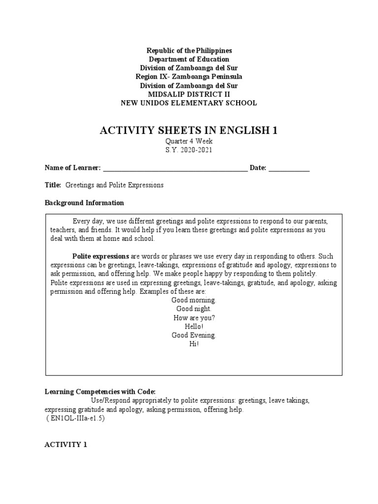 Grade 1 Polite Expressions Activities | PDF | Cognition | Learning