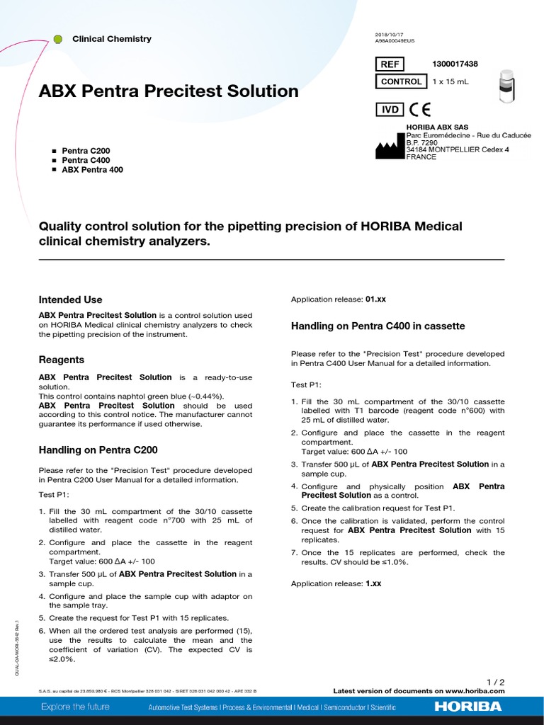 ABX Pentra Precitest Solution | PDF | Calibration | Chemistry