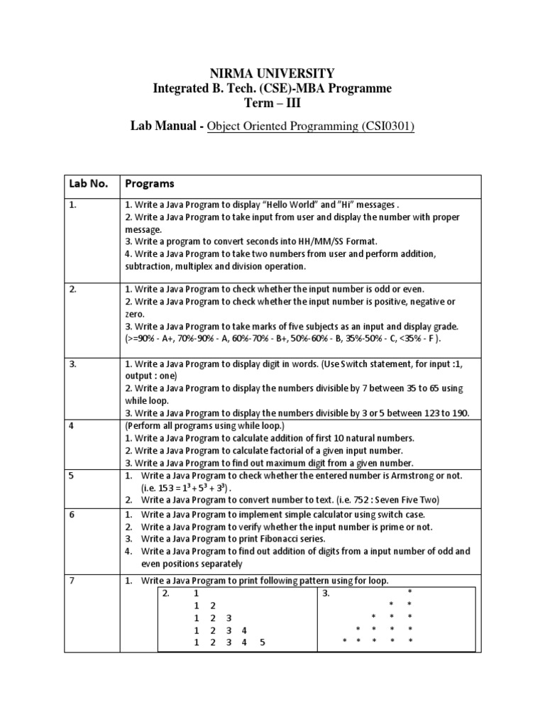 Nirma University Integrated B. Tech. (CSE) - MBA Programme Term - III Lab Manual - Object ...