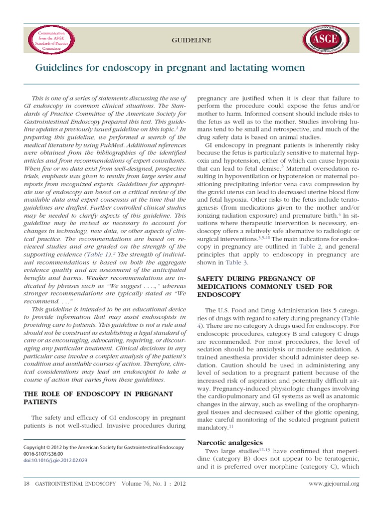 ASGE 2012 Endoscopy in Pregnant and Lactating Women | PDF | Fetus ...