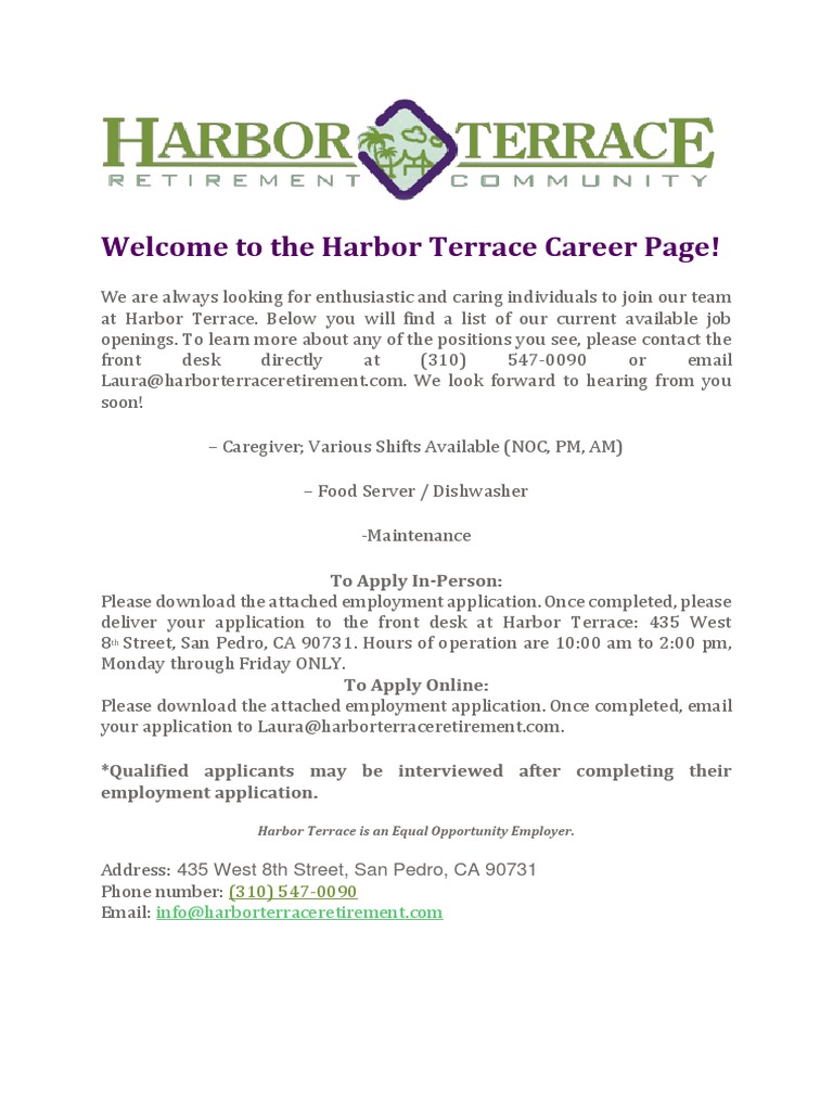 Welcome To The Harbor Terrace Career Page! | PDF