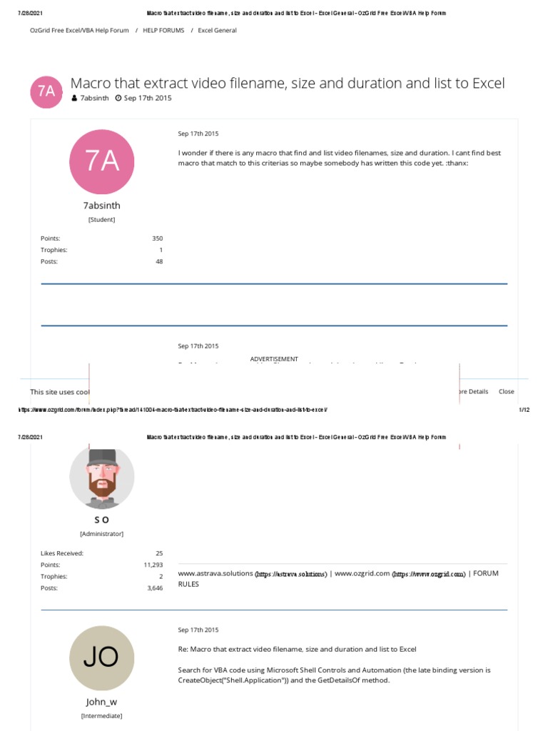 Macro That Extract Video Filename Size And Duration And List To Excel Excel General Ozgrid
