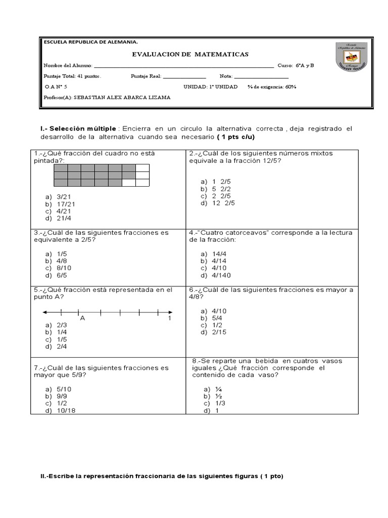 Prueba de Fracciones Sexto Basico | PDF | Lexicología | Notación Matemática
