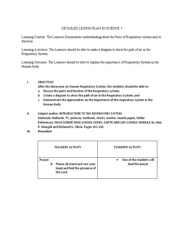Detailed Lesson Plan in Science 7 | PDF | Respiratory Tract | Human Anatomy