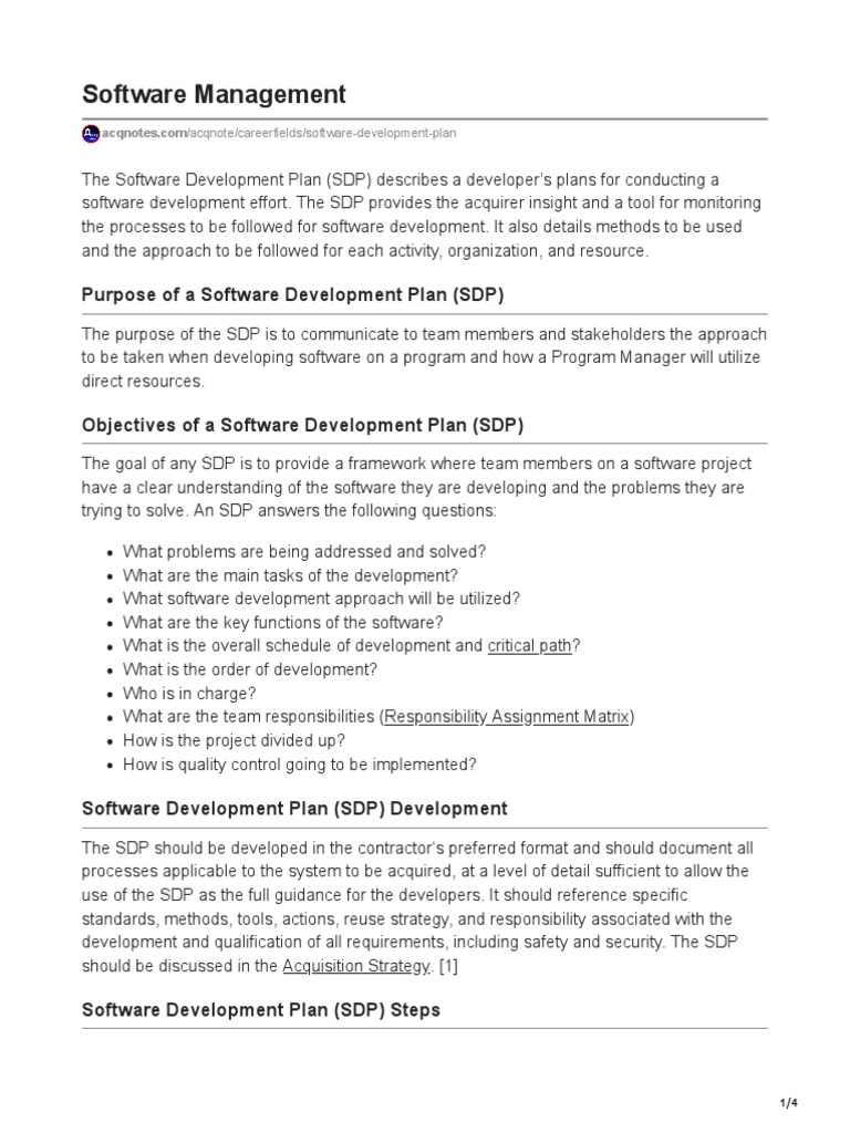 Software Management: Purpose of A Software Development Plan (SDP) | PDF | Software Development ...