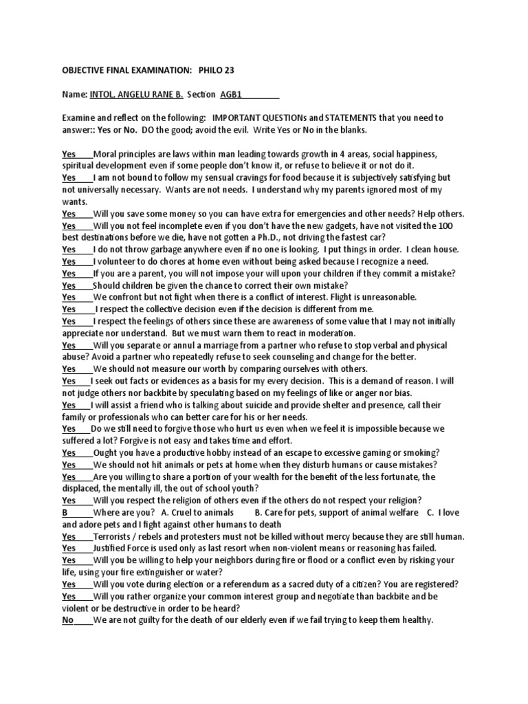 Objective Final Examination: Philo 23 | PDF | Family | Forgiveness