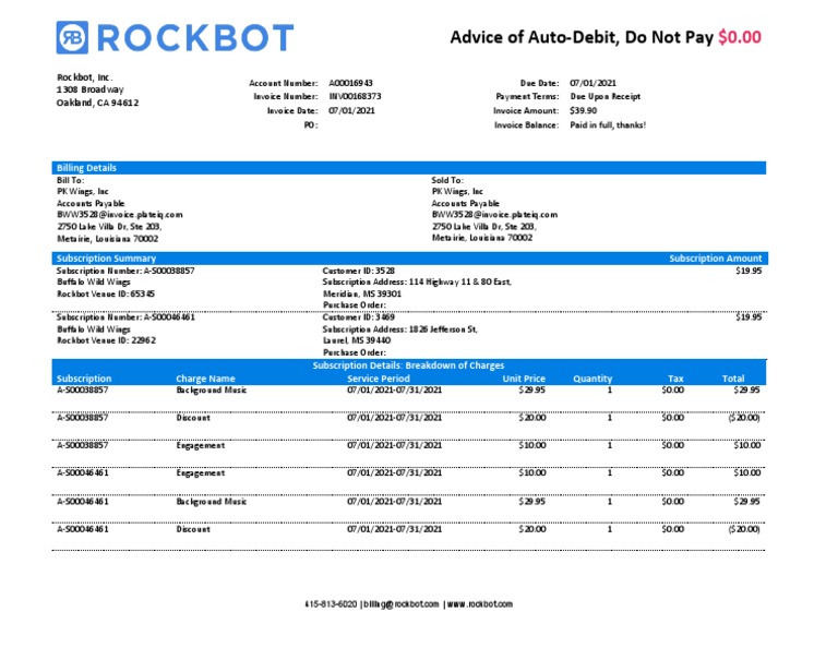 Advice of Auto-Debit, Do Not Pay: Rockbot, Inc. 1308 Broadway Oakland ...