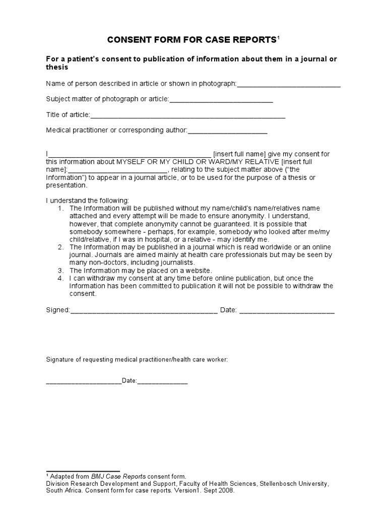 Consent Form For Case Reports: For A Patient's Consent To Publication ...