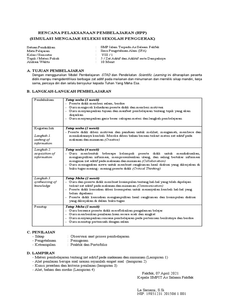RPP Simulasi Mengajar Sekolah Penggerak | PDF
