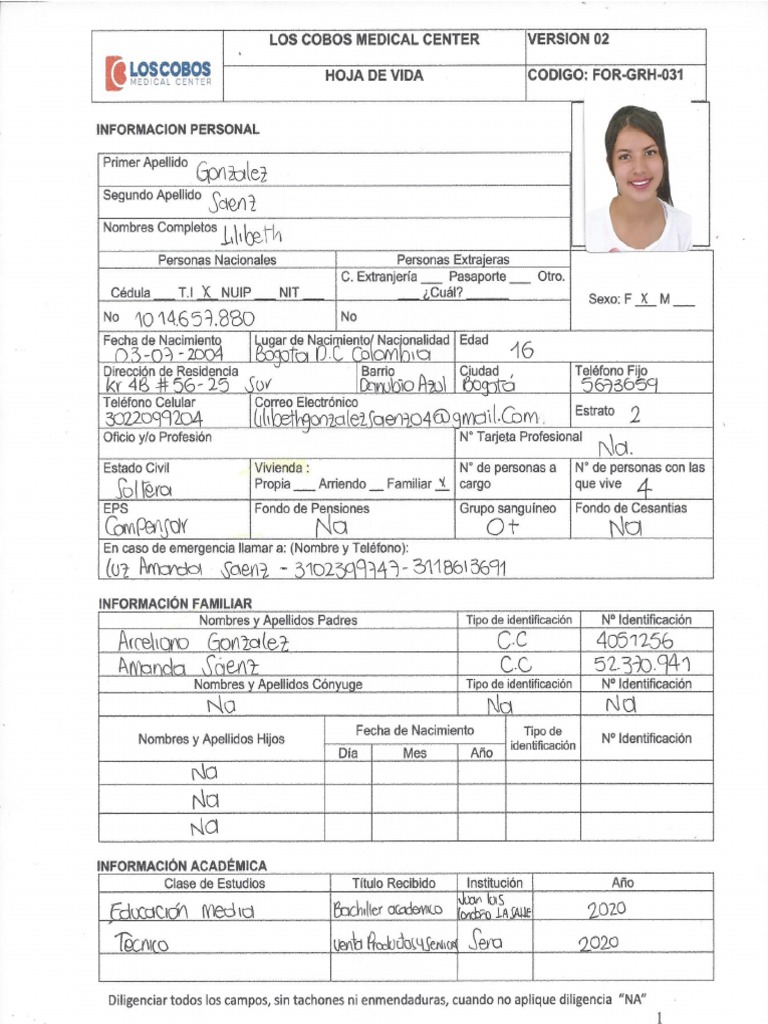 Hoja de Vida Los Cobos Lilibeth Gonzalez | PDF