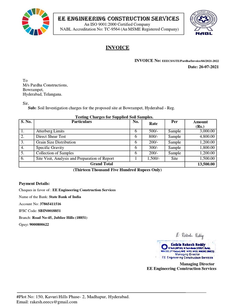 Soil Investigation Invoice Hyderabad | PDF | Technology & Engineering