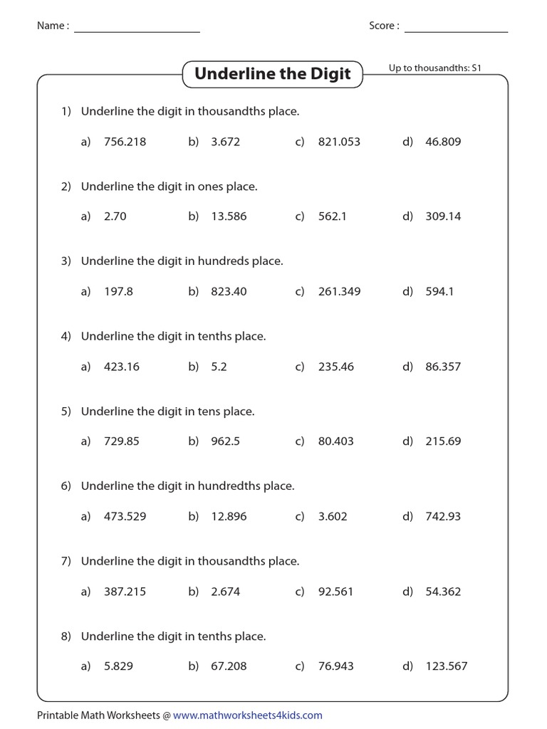 Identifying Tenths Hundredths and Thousandths Worksheet 8 | PDF