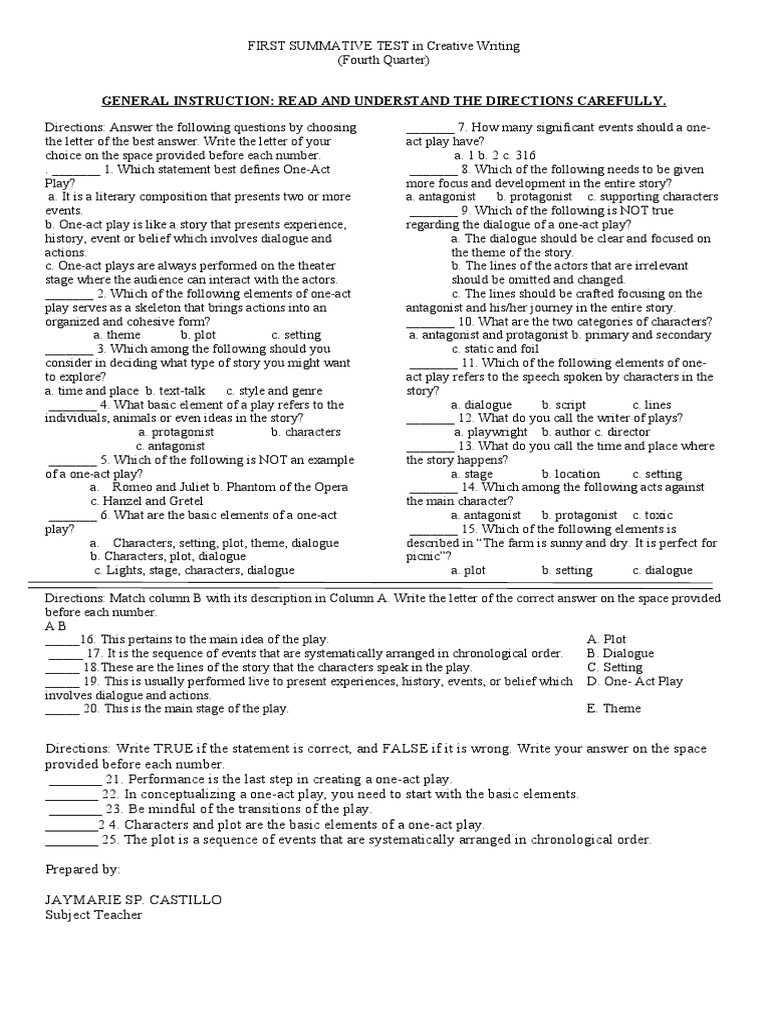 Second Summative Test Creative Writing | PDF | Play (Theatre) | Plot ...