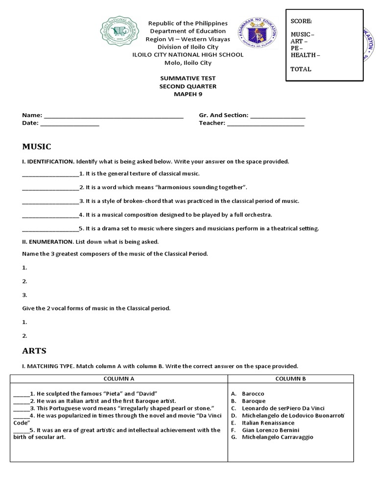 Music: Summative Test Second Quarter Mapeh 9 | PDF | Substance Abuse ...