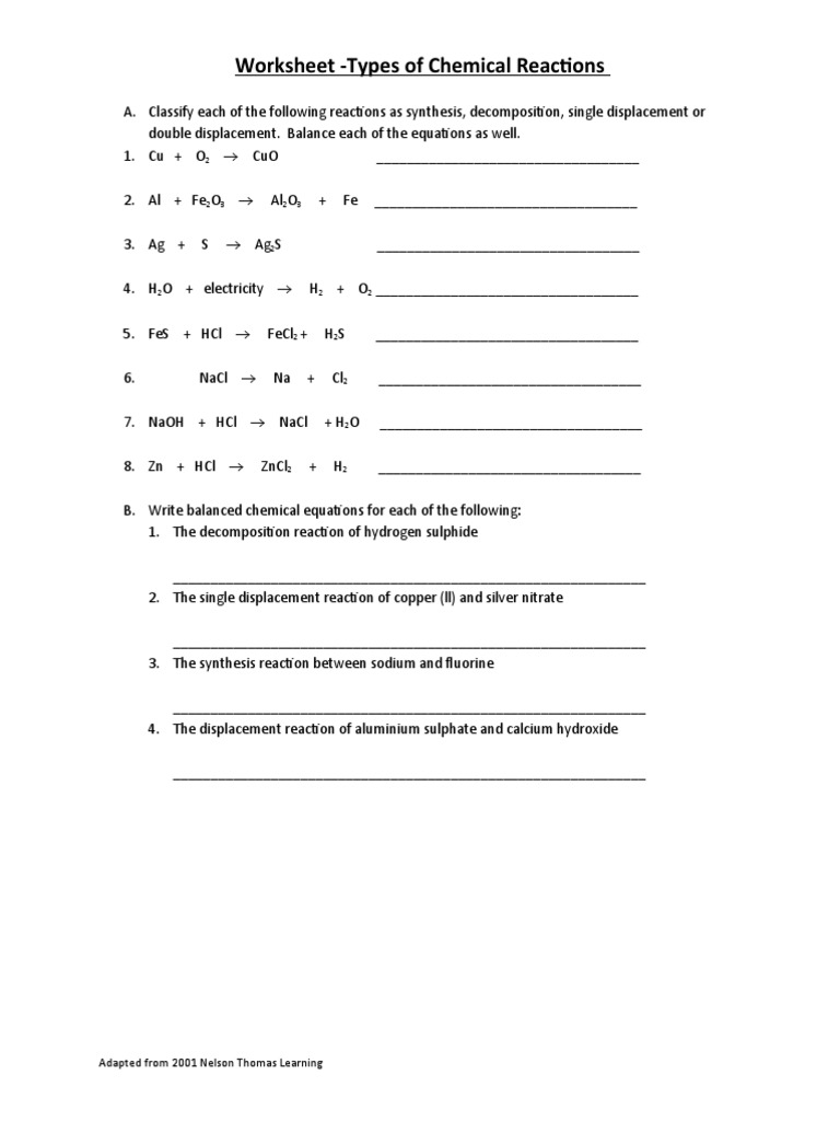 Worksheet - Types of Chemical Reactions | PDF | Science & Mathematics ...