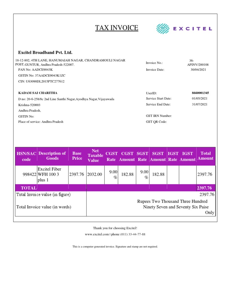 Tax Invoice: Excitel Broadband Pvt. LTD | PDF | Bharatiya Janata Party ...