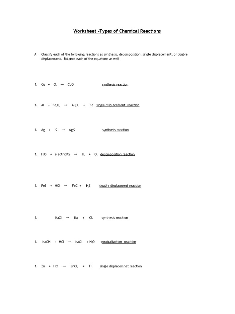Worksheet - Types of Chemical Reactions | PDF | Chemical Reactions ...