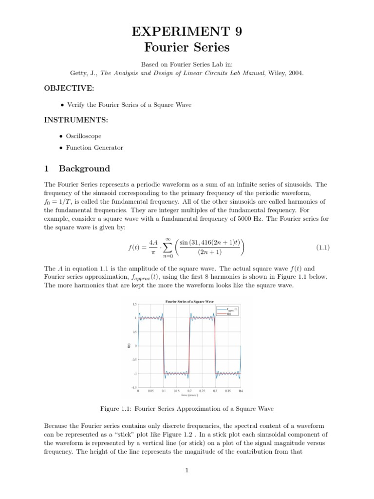 Experiment 9 Fourier Series: 1 Background | PDF | Fourier Series | Sine ...