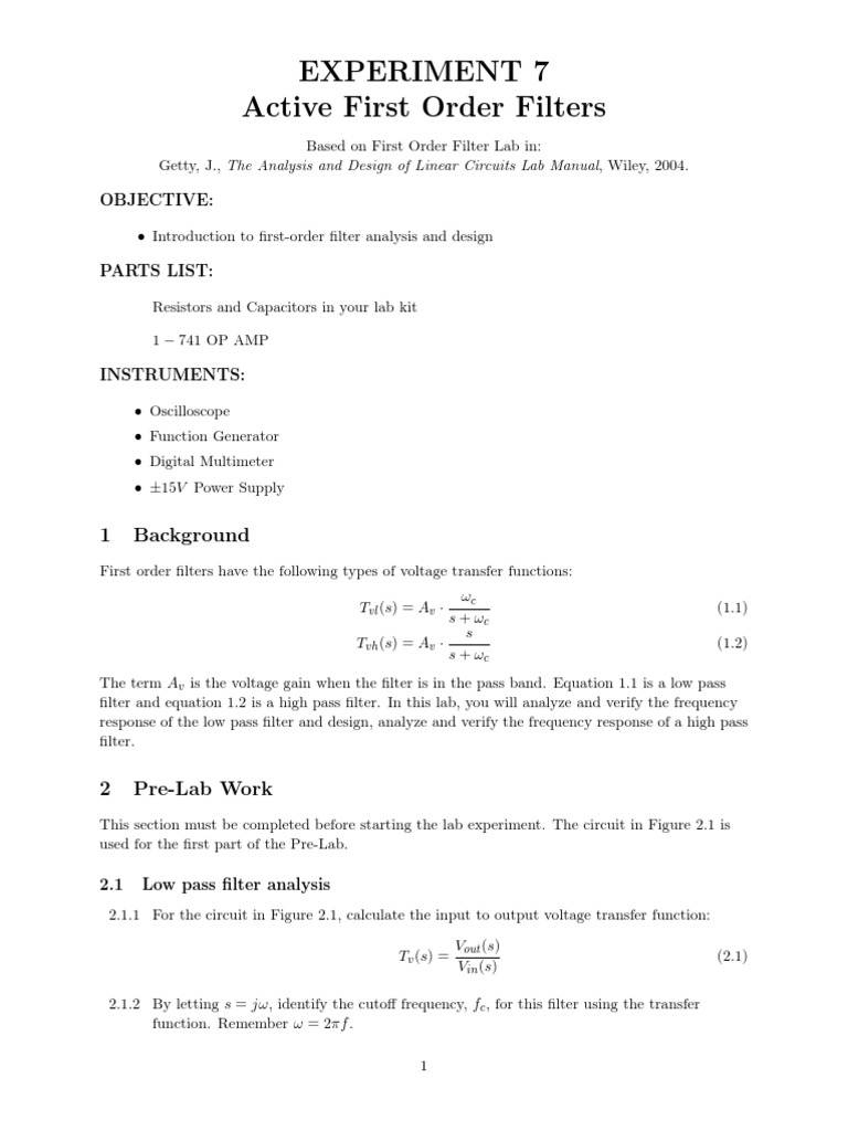 Experiment 7 Active First Order Filters: 1 Background | PDF | Low Pass ...