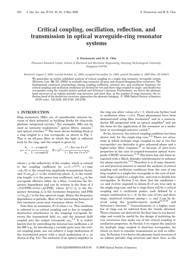 Critical Coupling, Oscillation, Reflection, and Transmission in Optical ...
