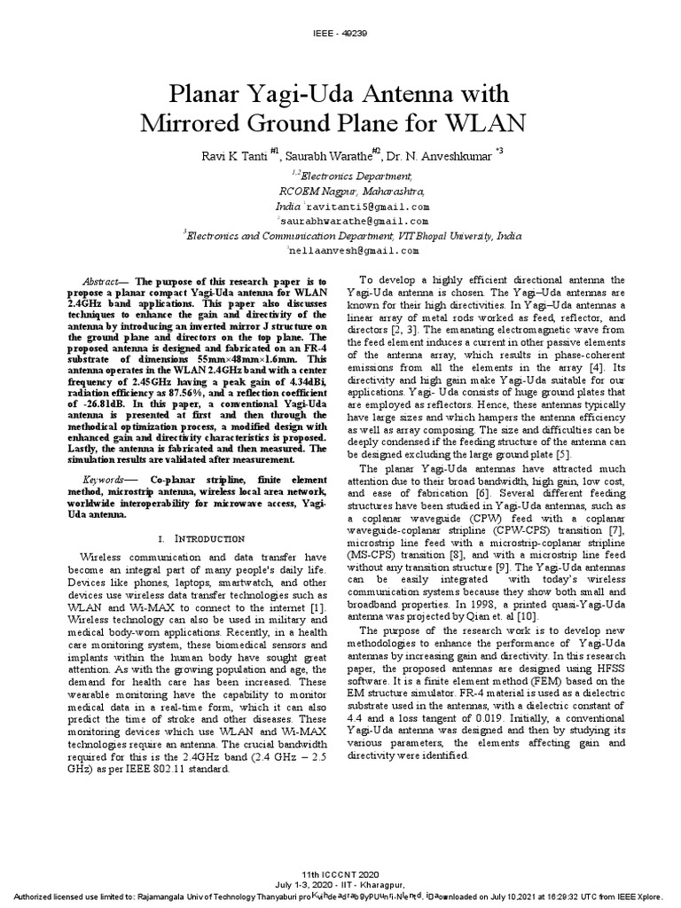 Planar Yagi-Uda Antenna With Mirrored Ground Plane For WLAN | PDF ...