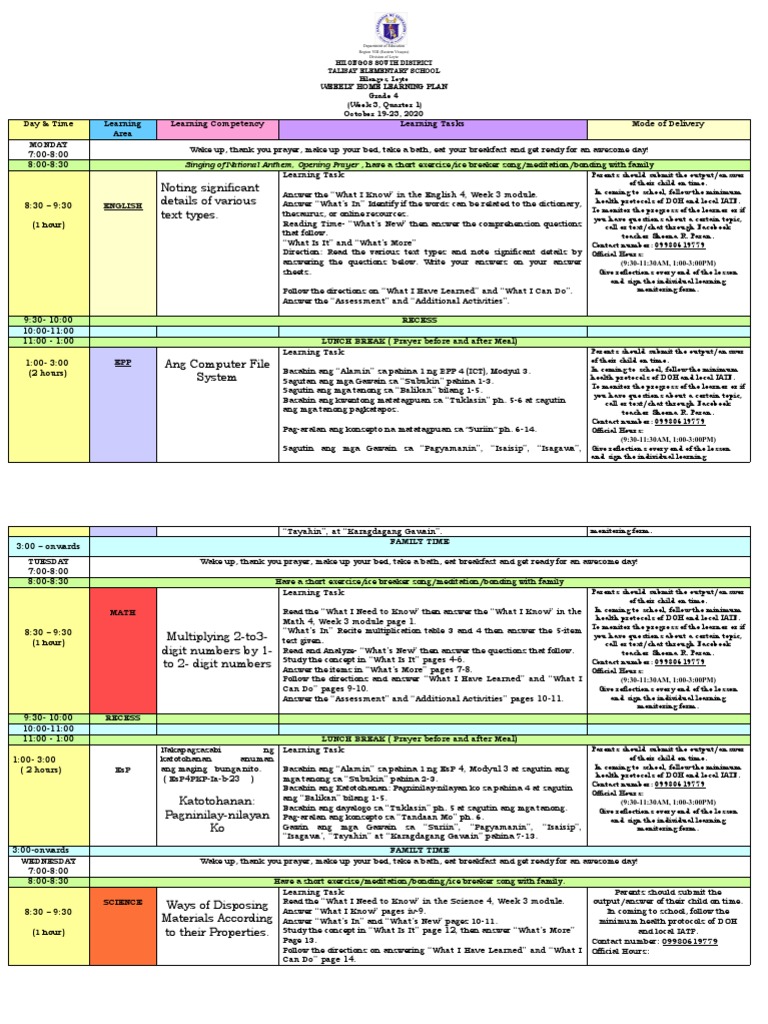 Weekly Home Learning Plan Grade 4 Week 3 | PDF | Learning | Behavior ...