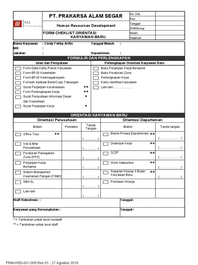 FRM-HRD-001-009 Form Checklist Karywan Baru | PDF