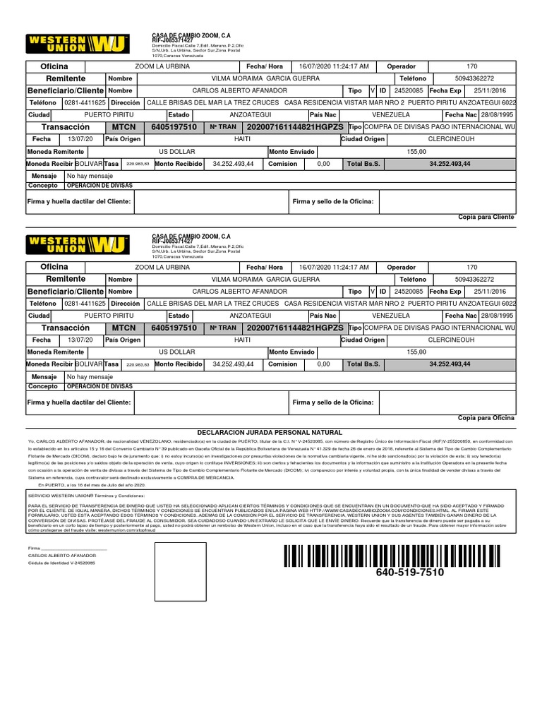 Recibos WU 16072020 202007161144821HGPZS | PDF | Western Union ...