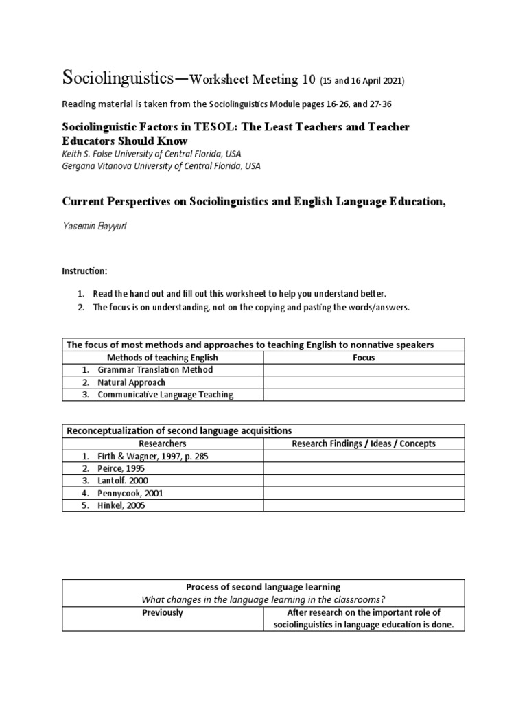 Sociolinguistics Worksheet 10 | PDF | Language Education | Sociolinguistics