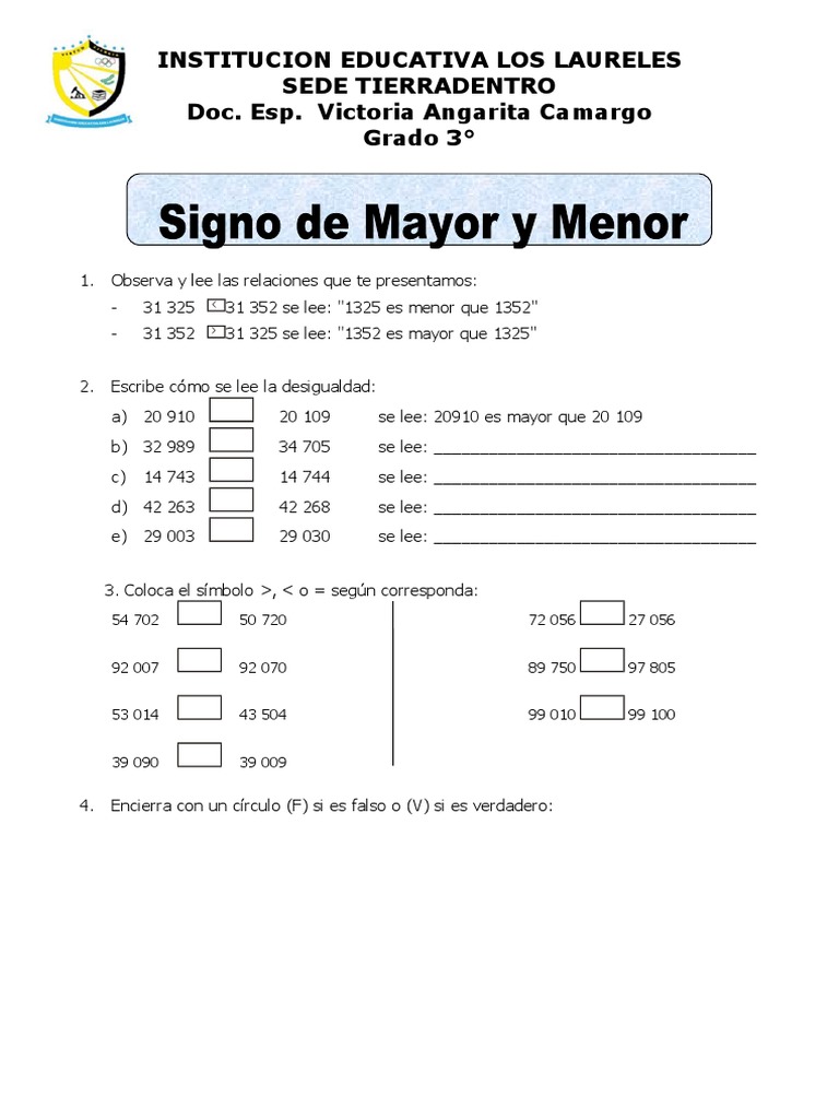 Ficha Signo de Mayor y Menor para Tercero de Primaria | PDF