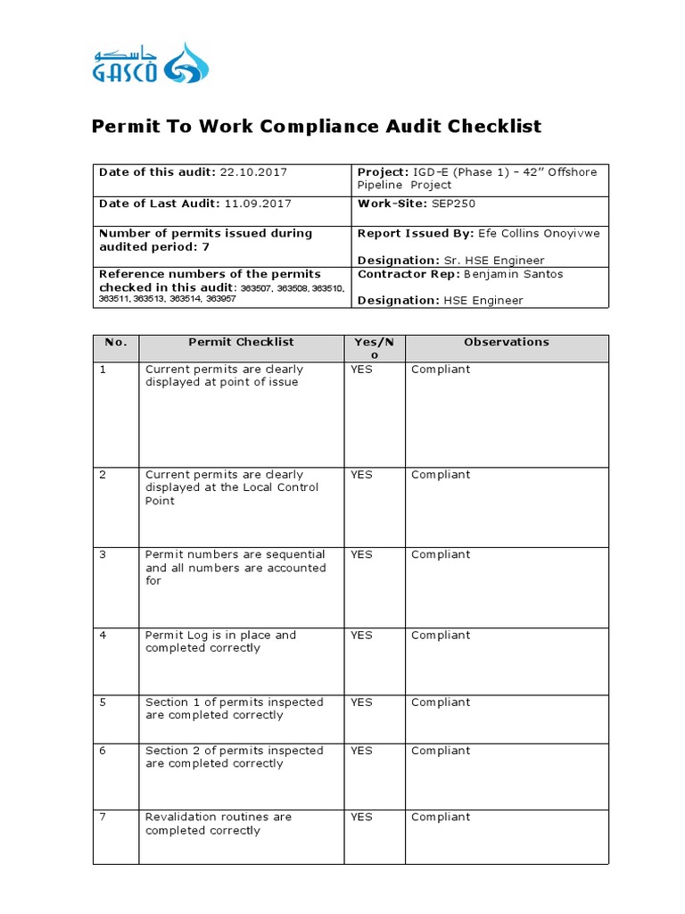 Permit To Work Audit Checklist October | PDF | Safety | Business