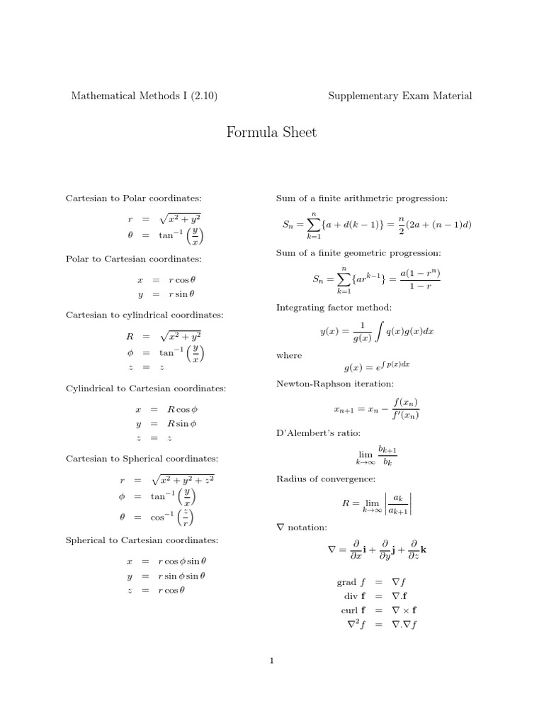 Formula Sheet: Mathematical Methods I (2.10) Supplementary Exam ...