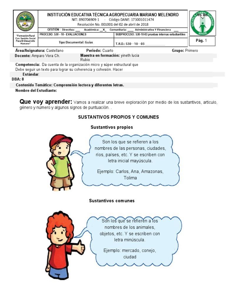 Guia Castellano 4 Periodo (Sustantivo, Articulo, Genero y Numero ...