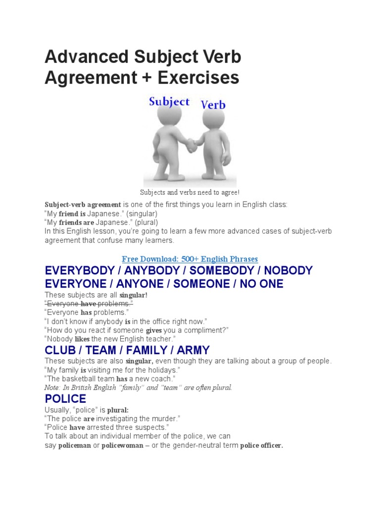 Exercise 3 - Advanced Subject Verb Agreement | PDF | Plural ...