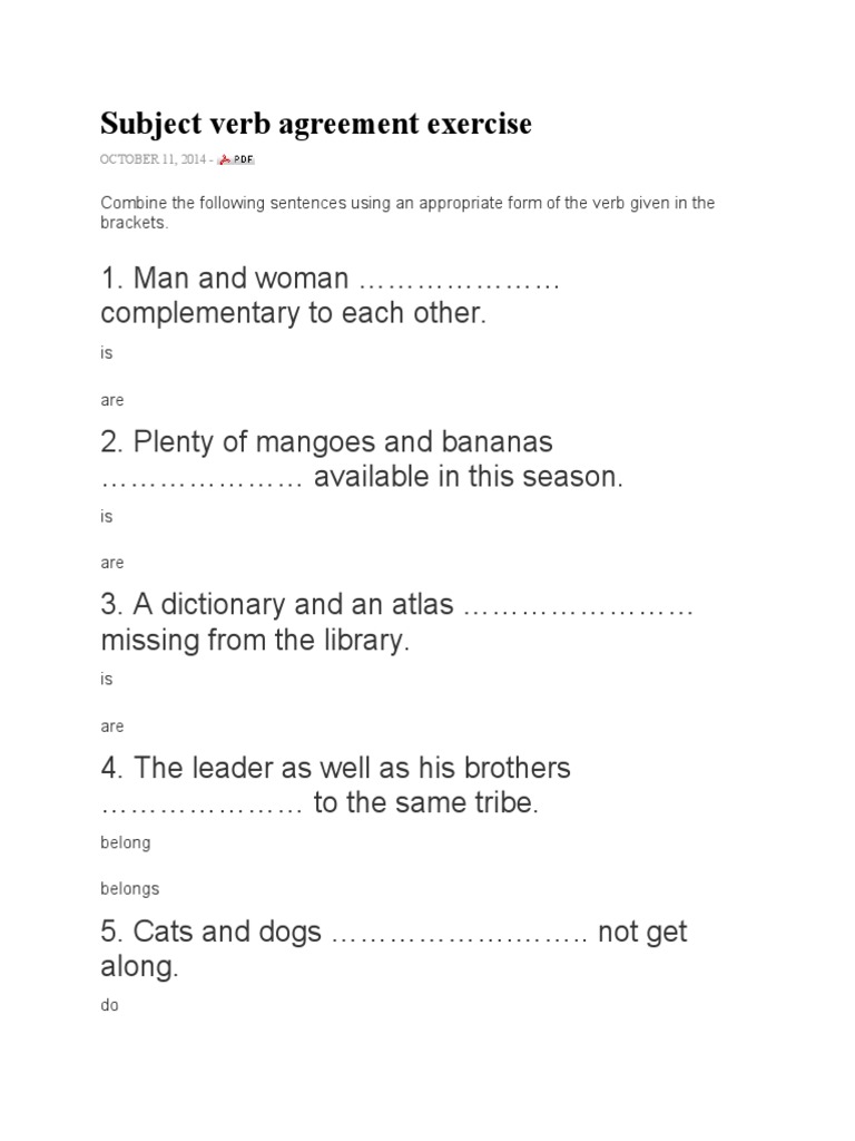 Exercise 4 - Subject Verb Agreement Exercise | PDF | Language Families ...