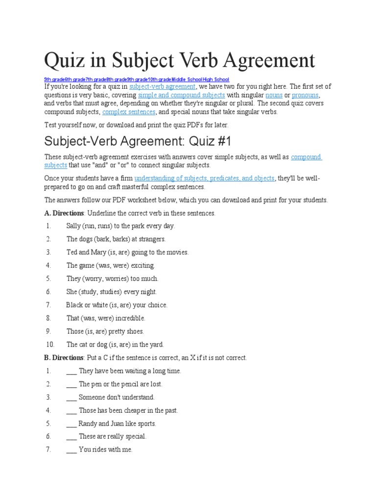 Quiz On Subject Verb Agreement | PDF | Subject (Grammar) | Grammatical ...