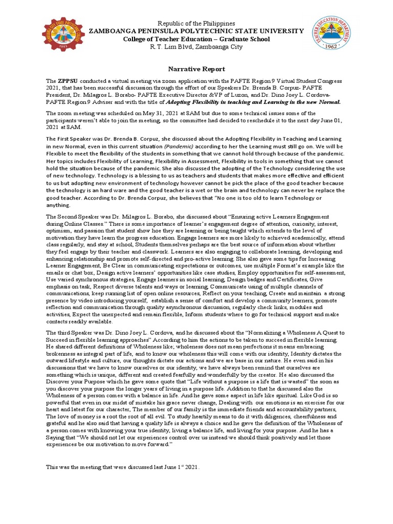 Narrative Report PEC 103 | PDF | Educational Technology | Education Theory